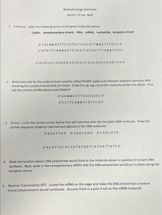 Solved Biotechnology Exercises Bio151, 4th ed., Neill 1. A | Chegg.com