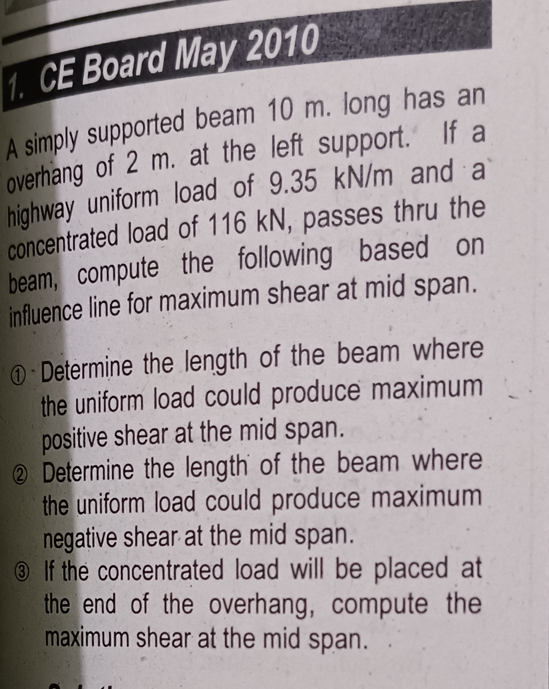 Solved CEBoard May 2010A simply supported beam 10 ﻿m . ﻿long | Chegg.com