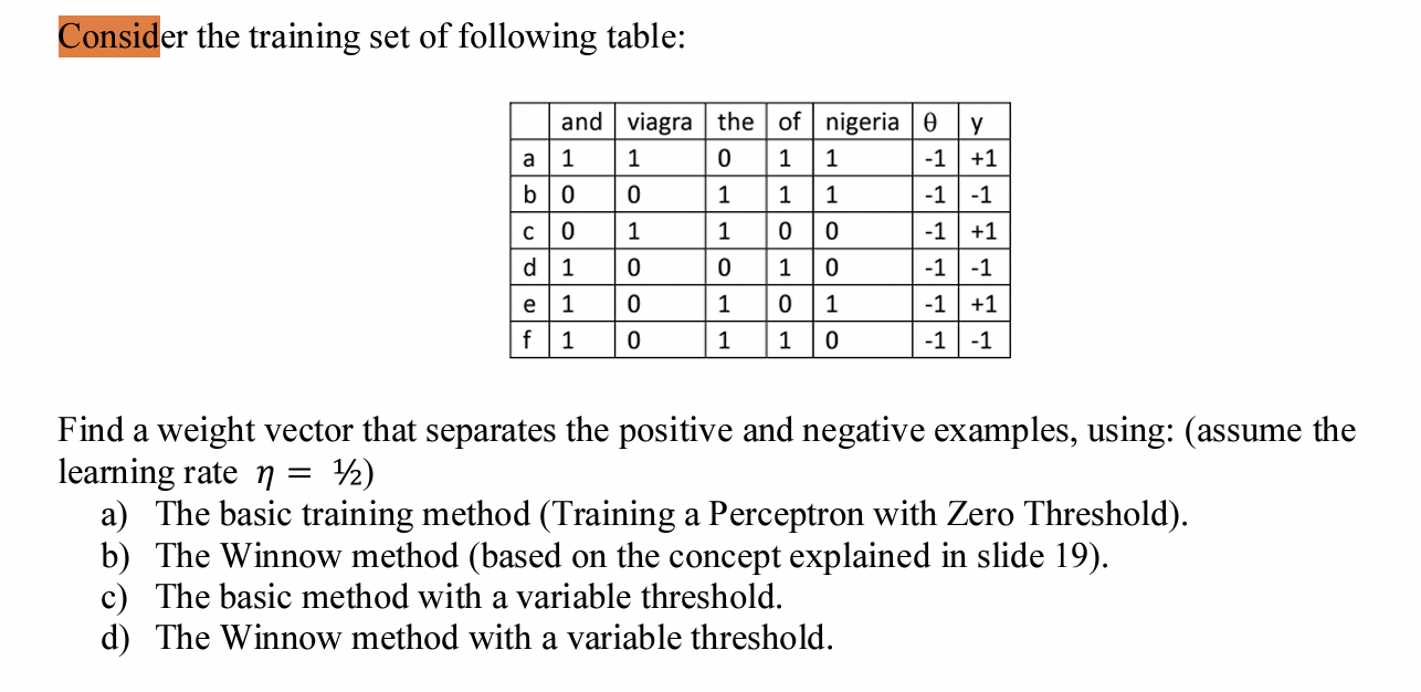 Solved Consider the training set of following table:Find a | Chegg.com
