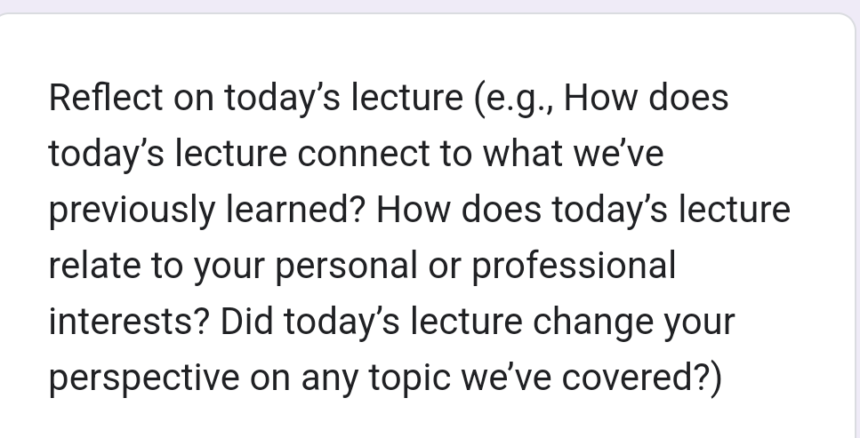 Solved Reflect on today's lecture (e.g., ﻿How does today's | Chegg.com