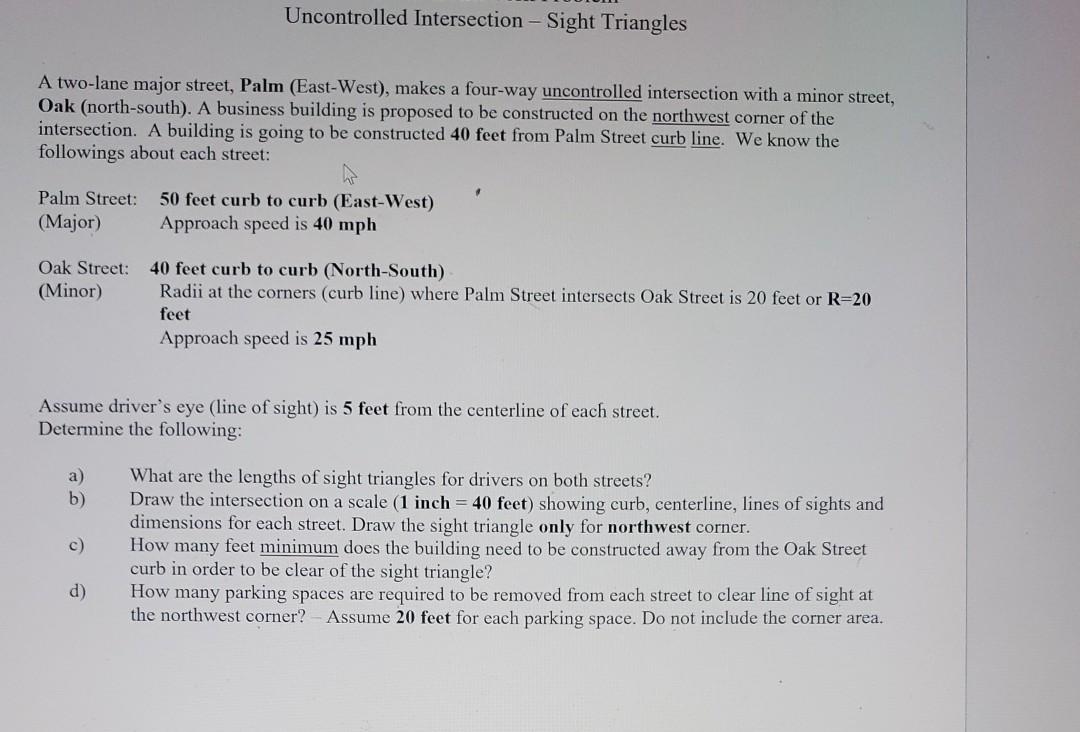 Uncontrolled Intersection - Sight Triangles A | Chegg.com