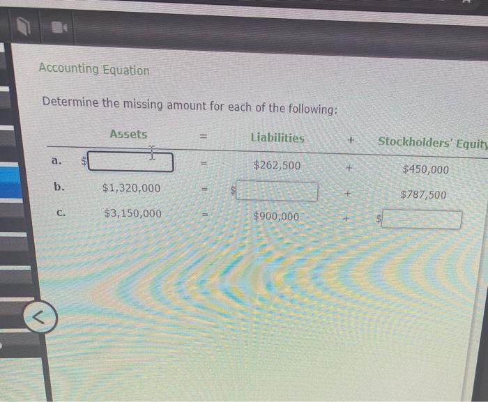 Solved Accounting Equation Determine the missing amount for | Chegg.com