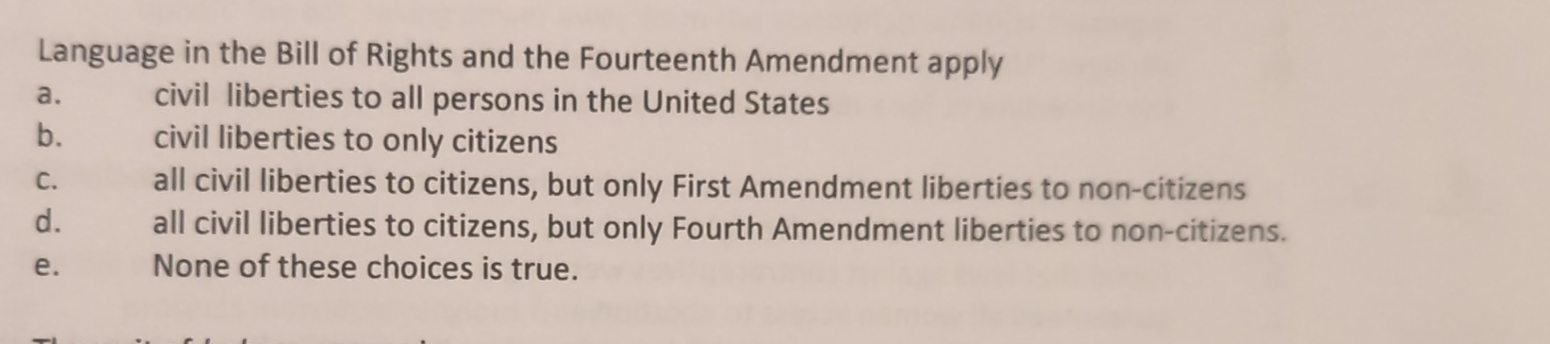 Solved Language in the Bill of Rights and the Fourteenth | Chegg.com