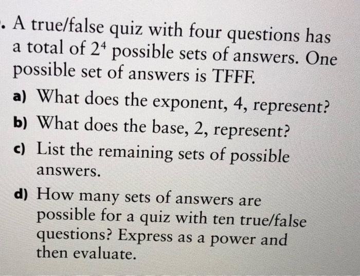 Solved A true/false quiz with four questions has a total of | Chegg.com