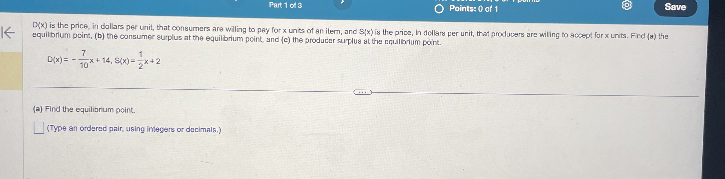Solved Part 1 ﻿of 3Points: 0 ﻿of 1D(x) ﻿is the price, in | Chegg.com