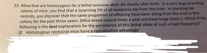 Solved 22. Mice that are homozygous for a lethal recessive | Chegg.com