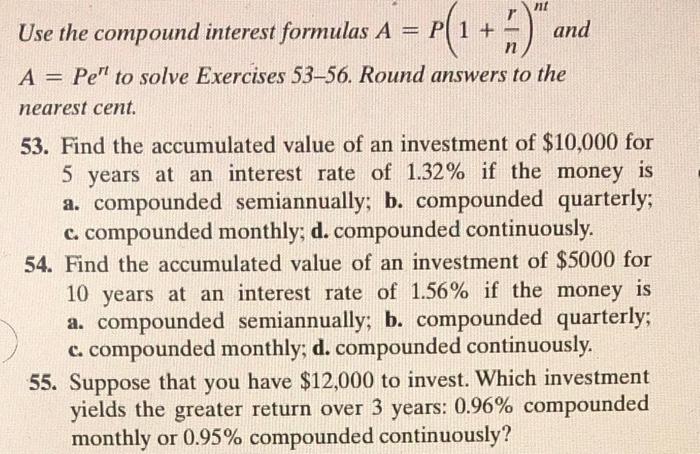 Solved Use the compound interest formulas A=P(1+nr)nt and | Chegg.com