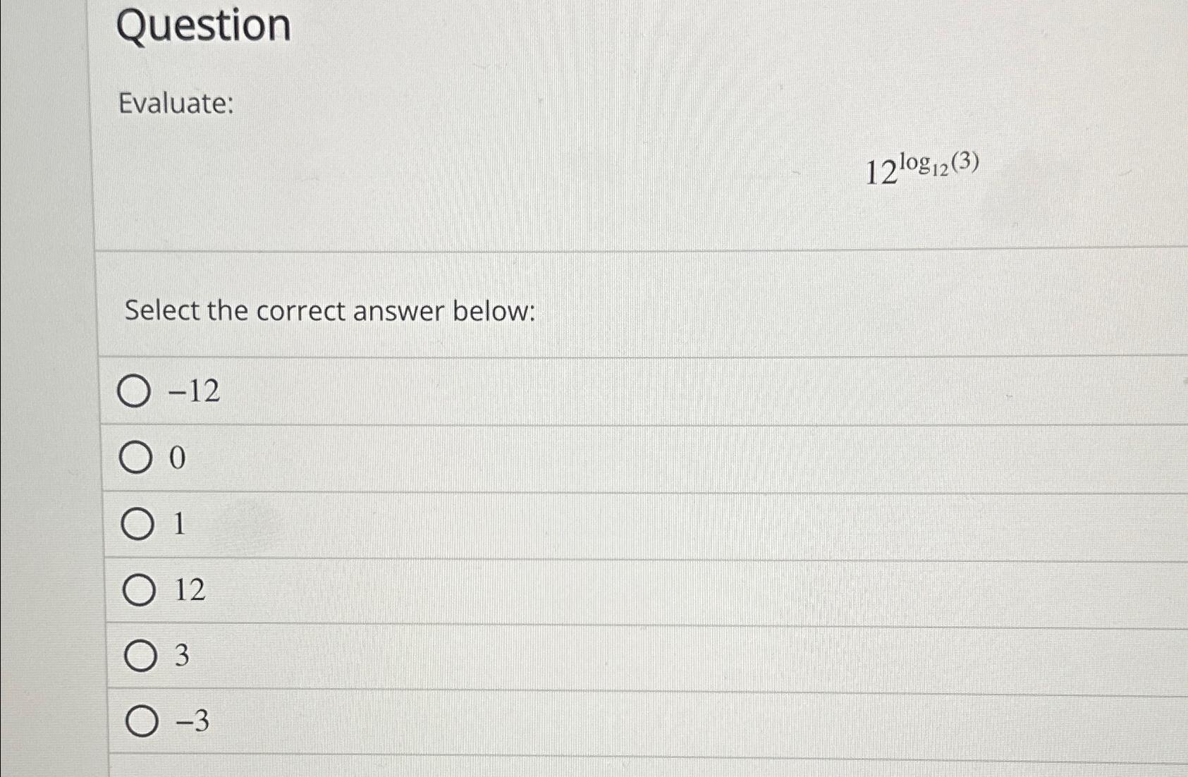 Solved QuestionEvaluate:12log12(3)Select the correct answer | Chegg.com