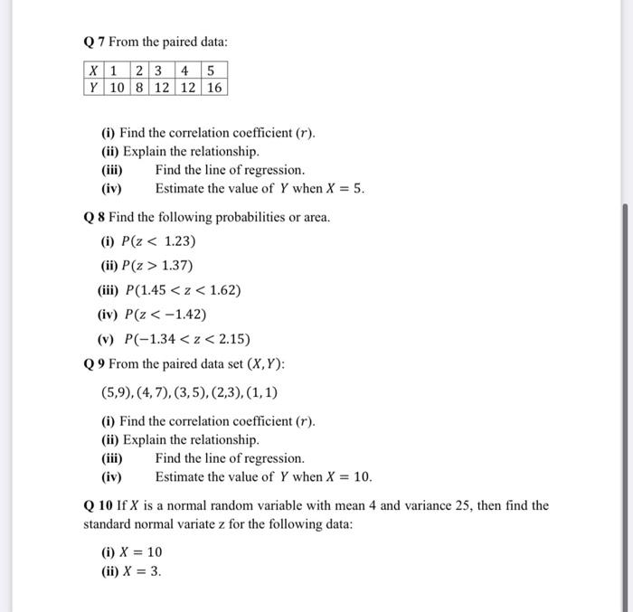 Solved Q 7 From the paired data: (i) Find the correlation | Chegg.com