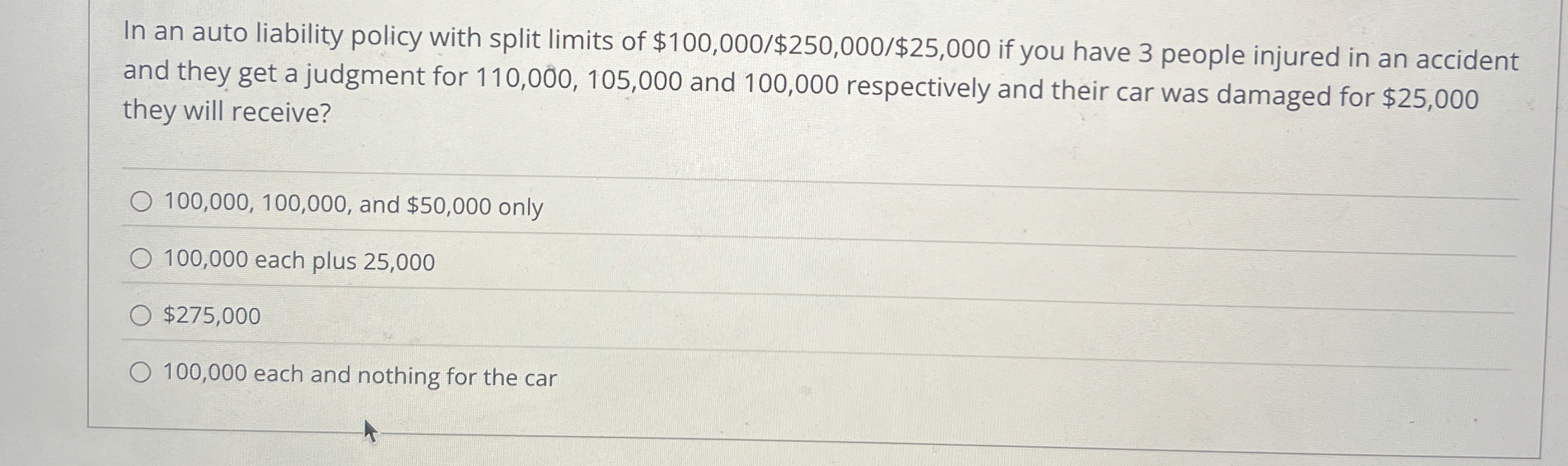 Solved In an auto liability policy with split limits of | Chegg.com