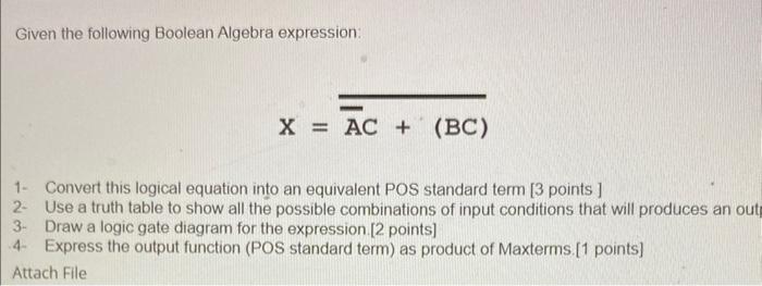 Solved Given the following Boolean Algebra expression: | Chegg.com