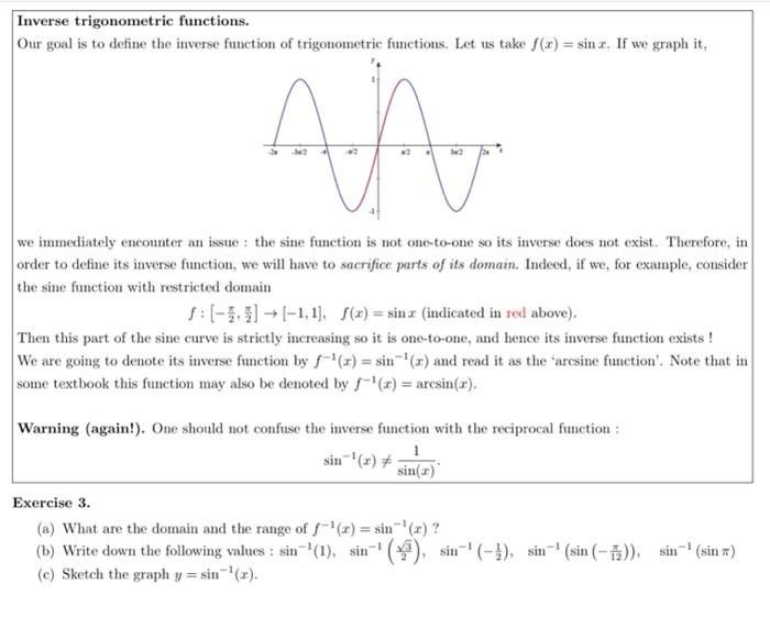 Solved Inverse trigonometric functions. Our goal is to | Chegg.com