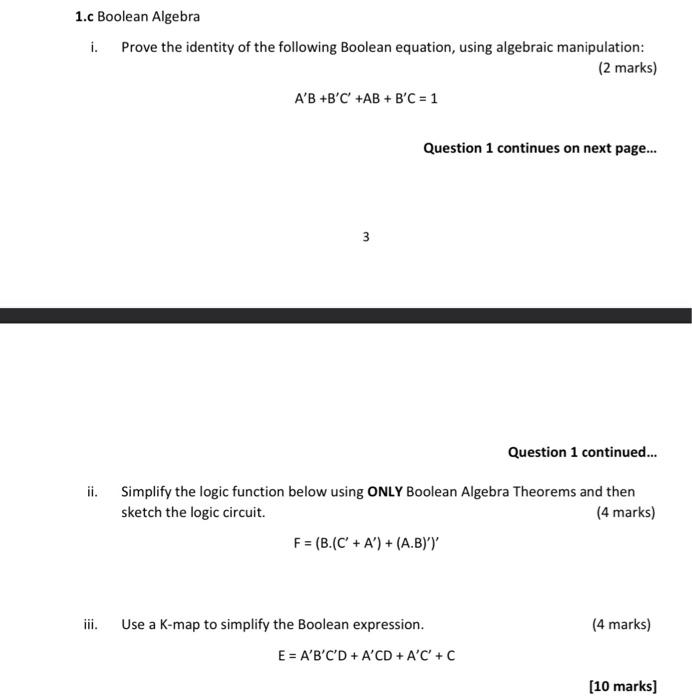 Solved 1.c Boolean Algebra i. Prove the identity of the | Chegg.com