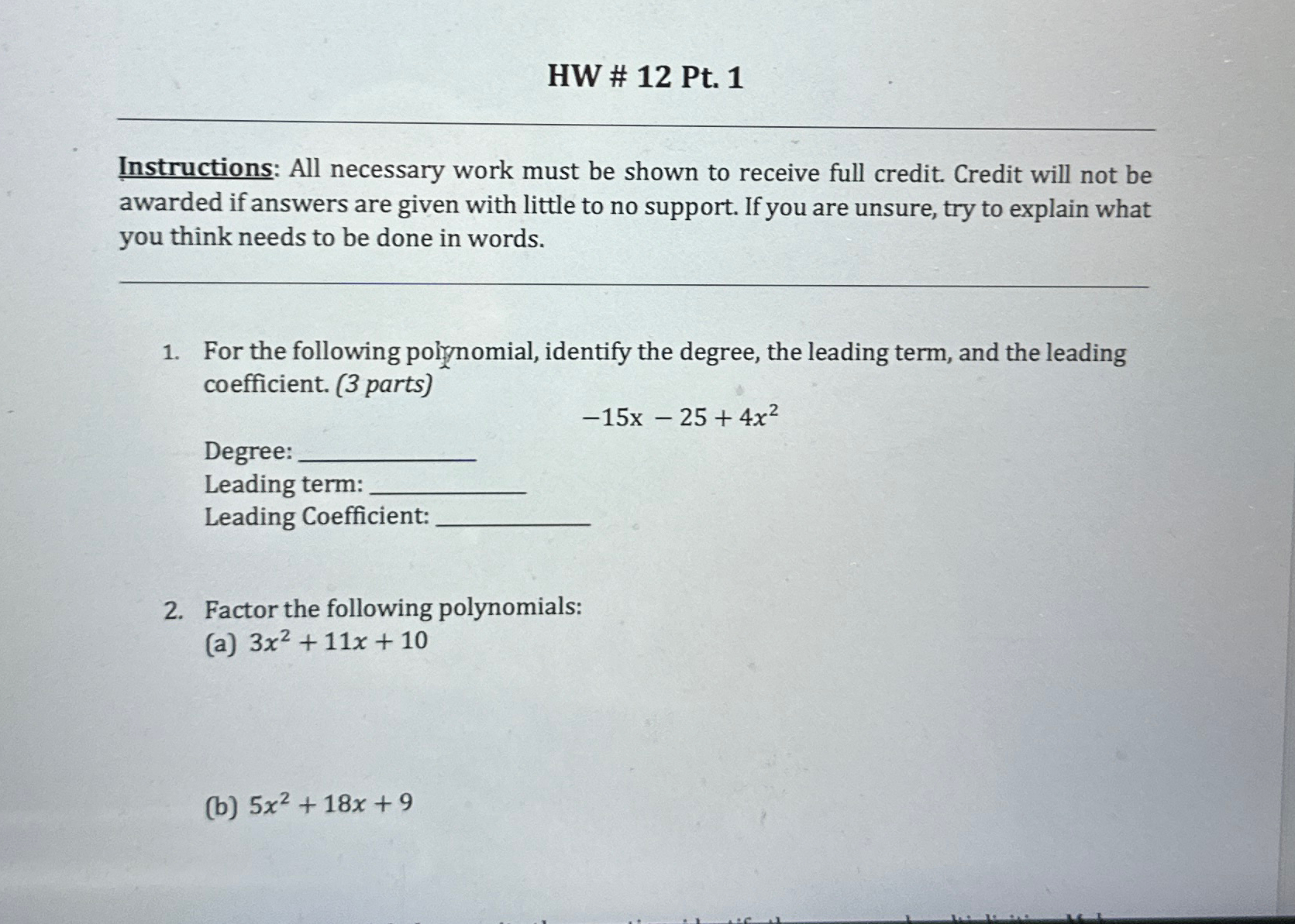 Solved HW # 12 ﻿Pt. 1Instructions: All necessary work must | Chegg.com