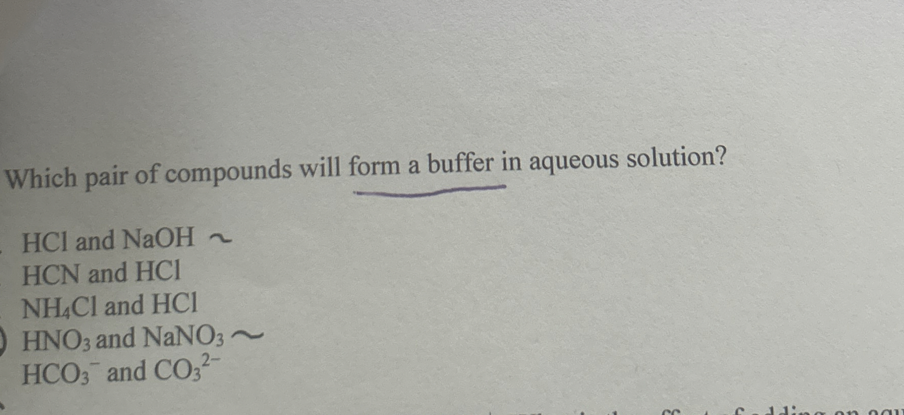 Solved Which pair of compounds will form a buffer in aqueous | Chegg.com