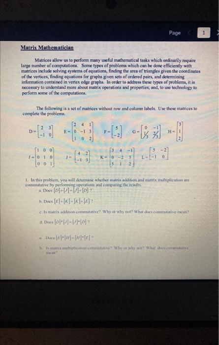 Solved Matrices allow us to perform many ueful mathematical | Chegg.com
