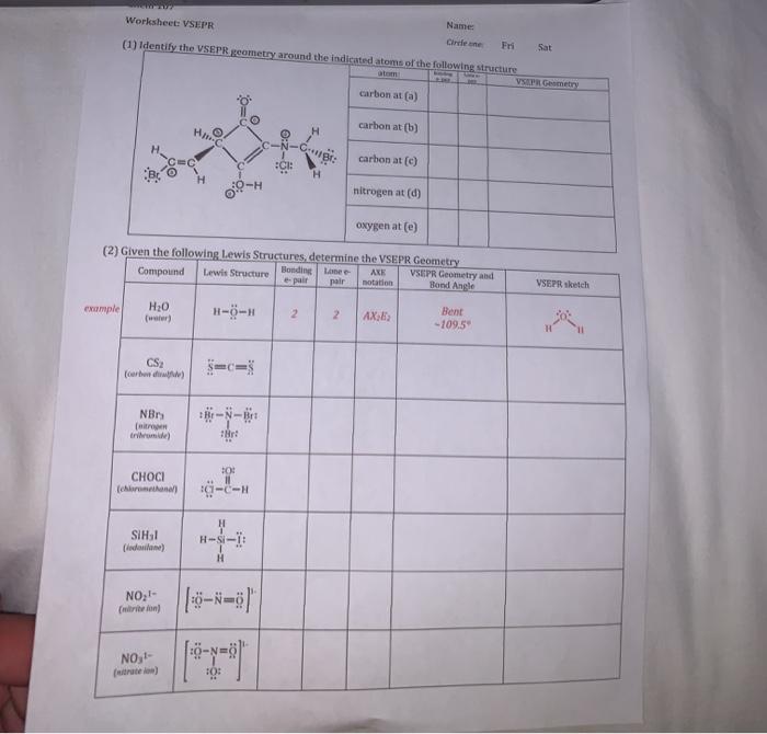 Solved Worksheet: VSEPR Name Circle Eri Sat (1) Identify the | Chegg.com