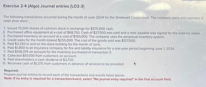 Solved Exercise 2-4 (Algo) Journal entries [LO2-3] The | Chegg.com