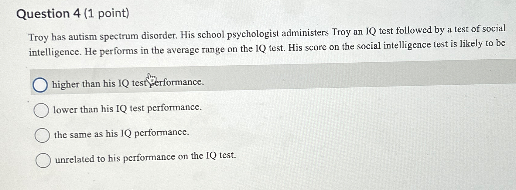 Solved Question 4 (1 ﻿point)Troy has autism spectrum | Chegg.com