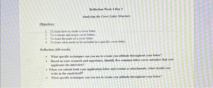 Solved Reflection Week 4 Day 3 Analyzing the Cover Letter | Chegg.com