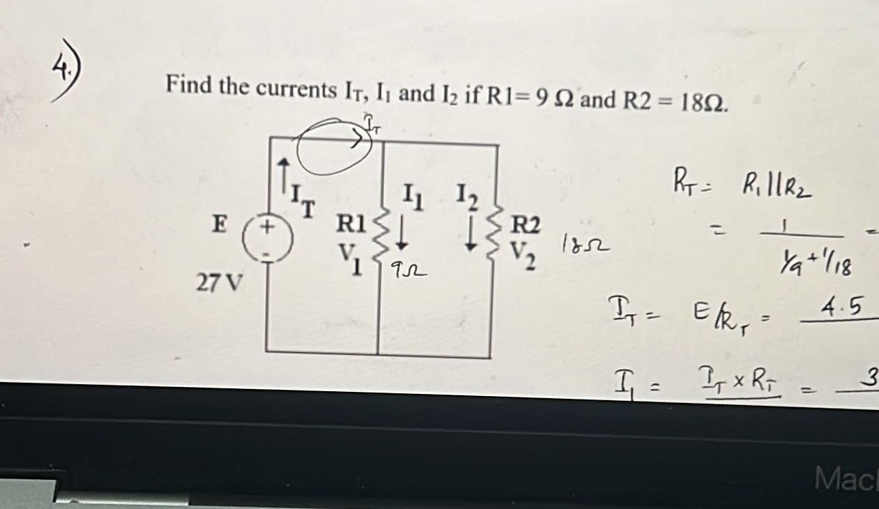 Solved 4.) ﻿Find the currents IT,I1 ﻿and I2 ﻿if R1=9 Ω ﻿and | Chegg.com