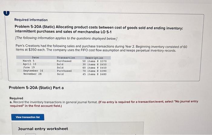 Solved Required information Problem 5-20A (Static) | Chegg.com