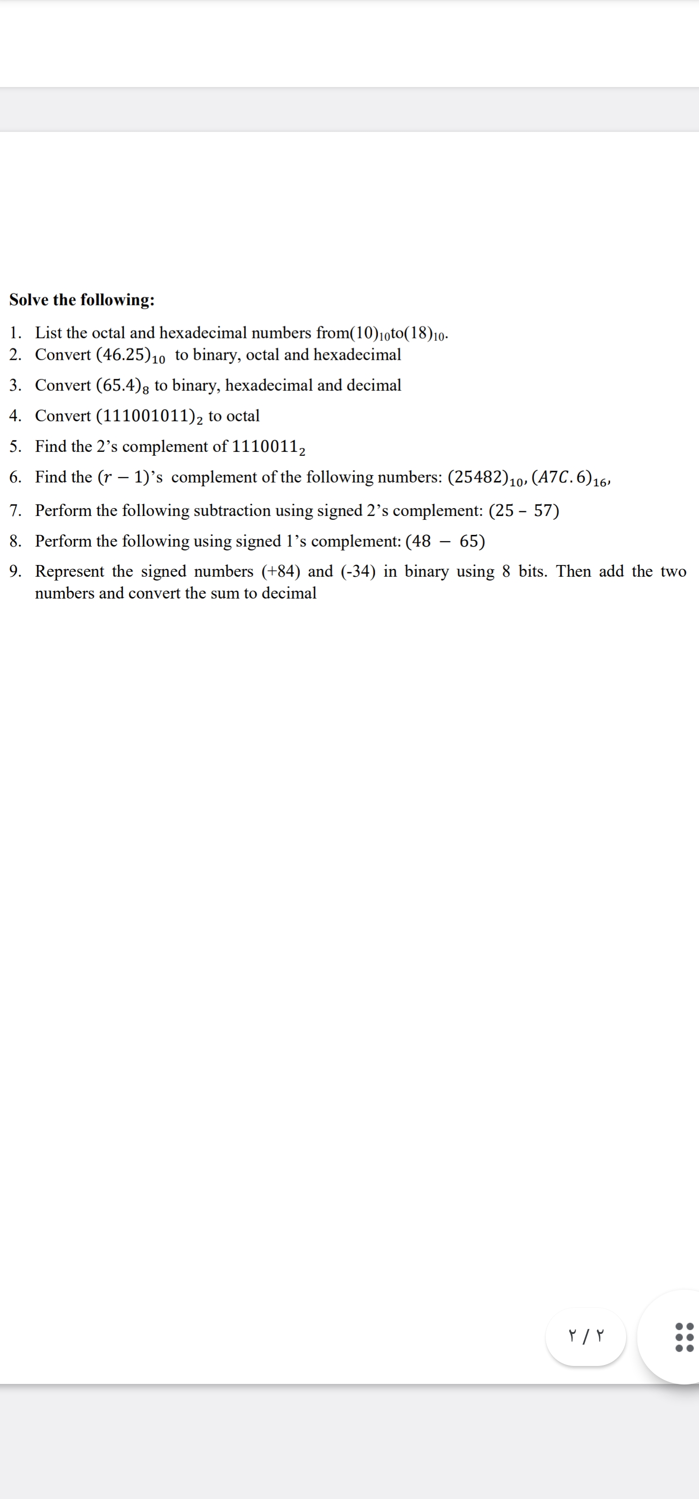 Solved Solve the following:List the octal and hexadecimal | Chegg.com