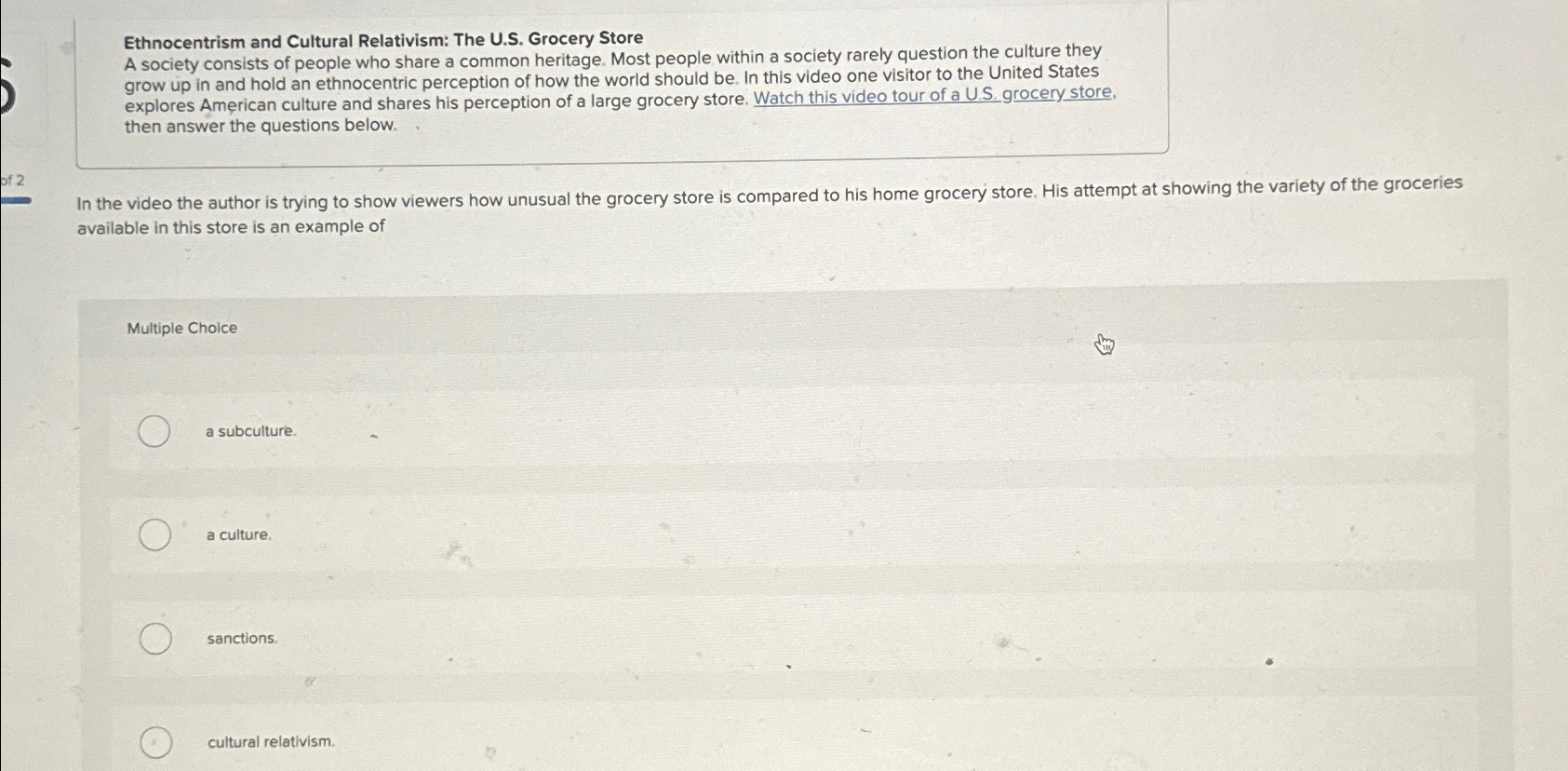 Solved Ethnocentrism and Cultural Relativism: The U.S. | Chegg.com