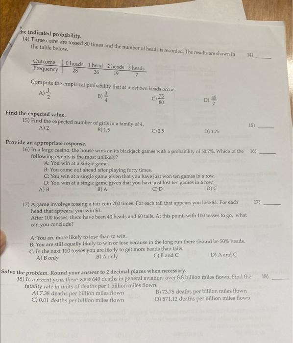 Solved the indicated probability. 14) Three coins are tossed | Chegg.com
