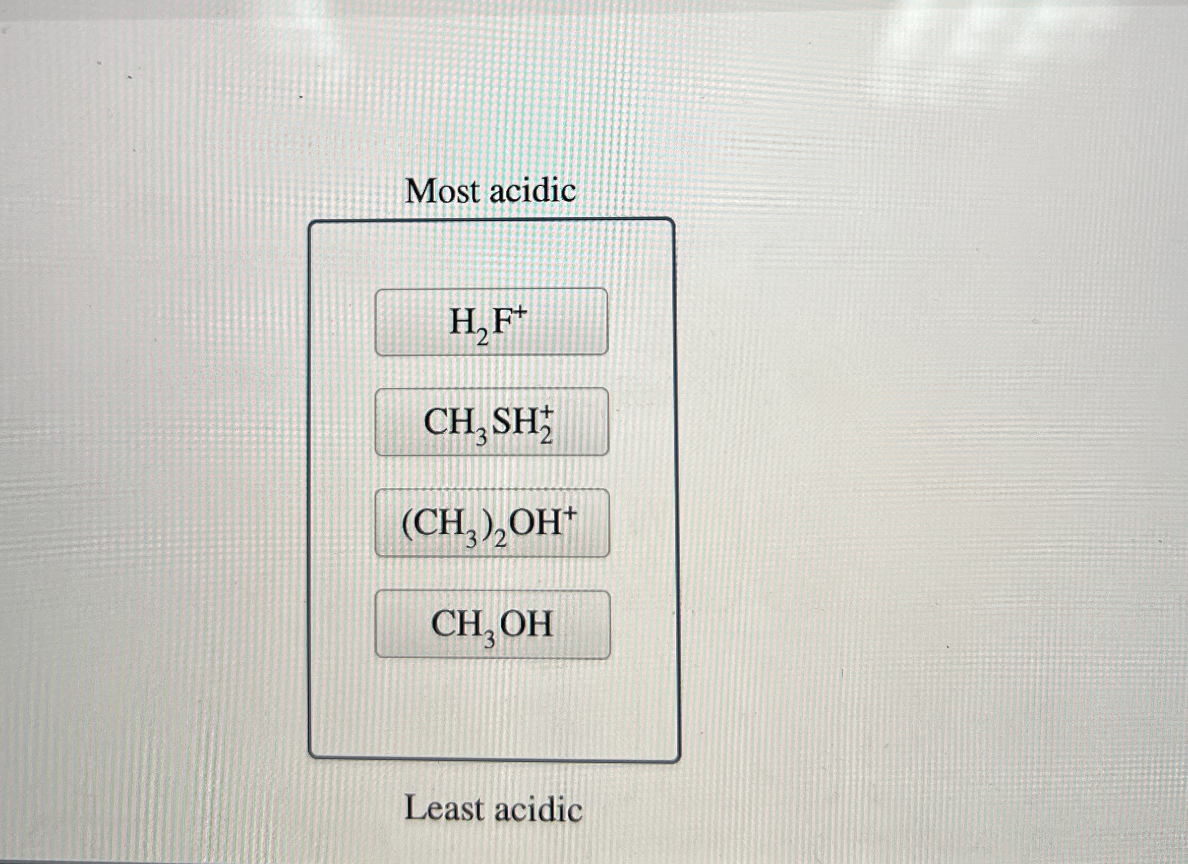 Solved Most acidicCH3SH2+(CH3)2OH+CH3OHLeast acidic | Chegg.com