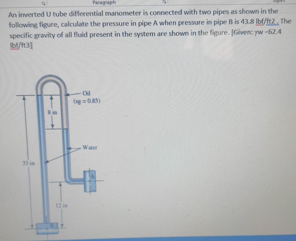 Solved Paragraph An inverted U tube differential manometer | Chegg.com