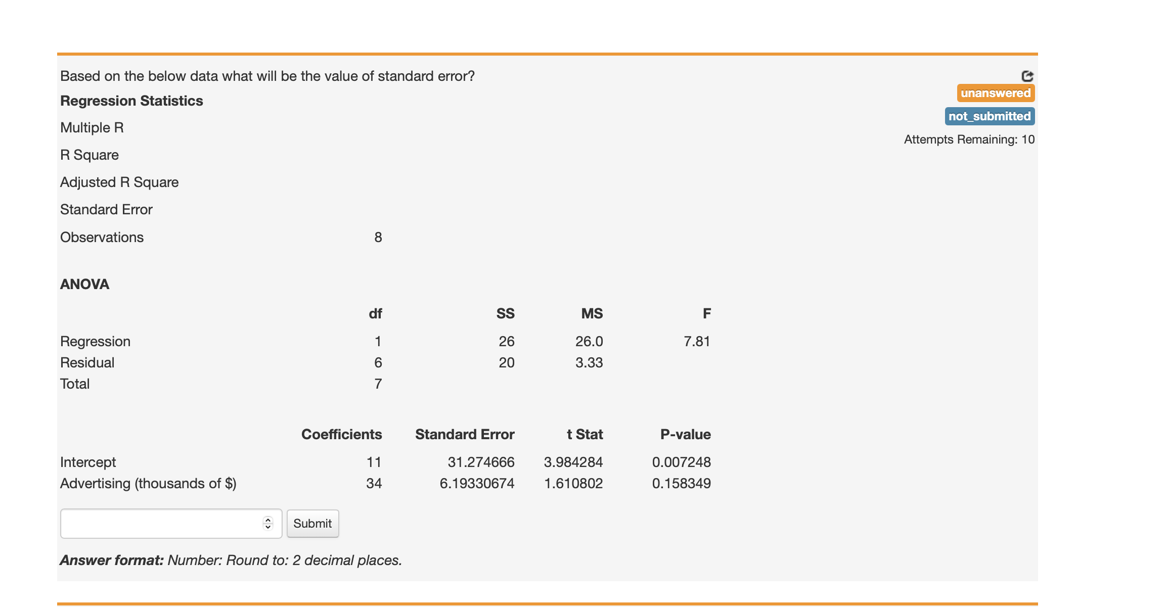 Solved Based on the below data what will be the value of | Chegg.com