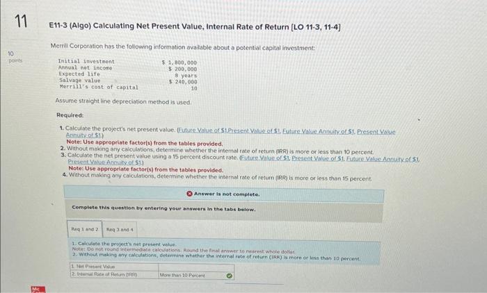 Solved E11-3 (Algo) Calculating Net Present Value, Internal | Chegg.com