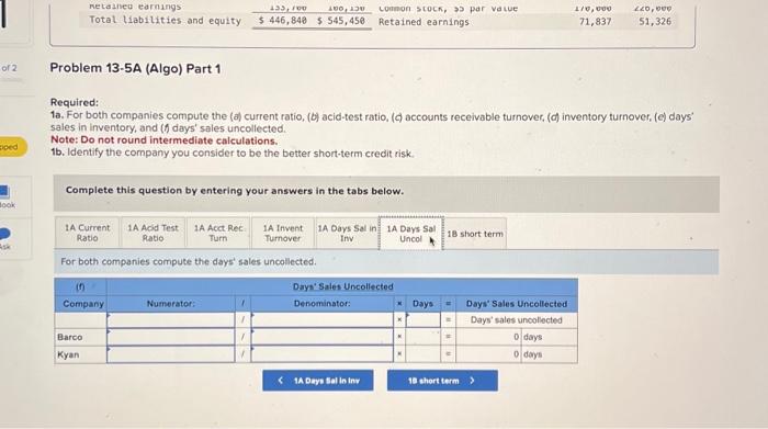 Solved Problem 13-5A (Algo) Comparative ratio analysis LO P3 | Chegg.com