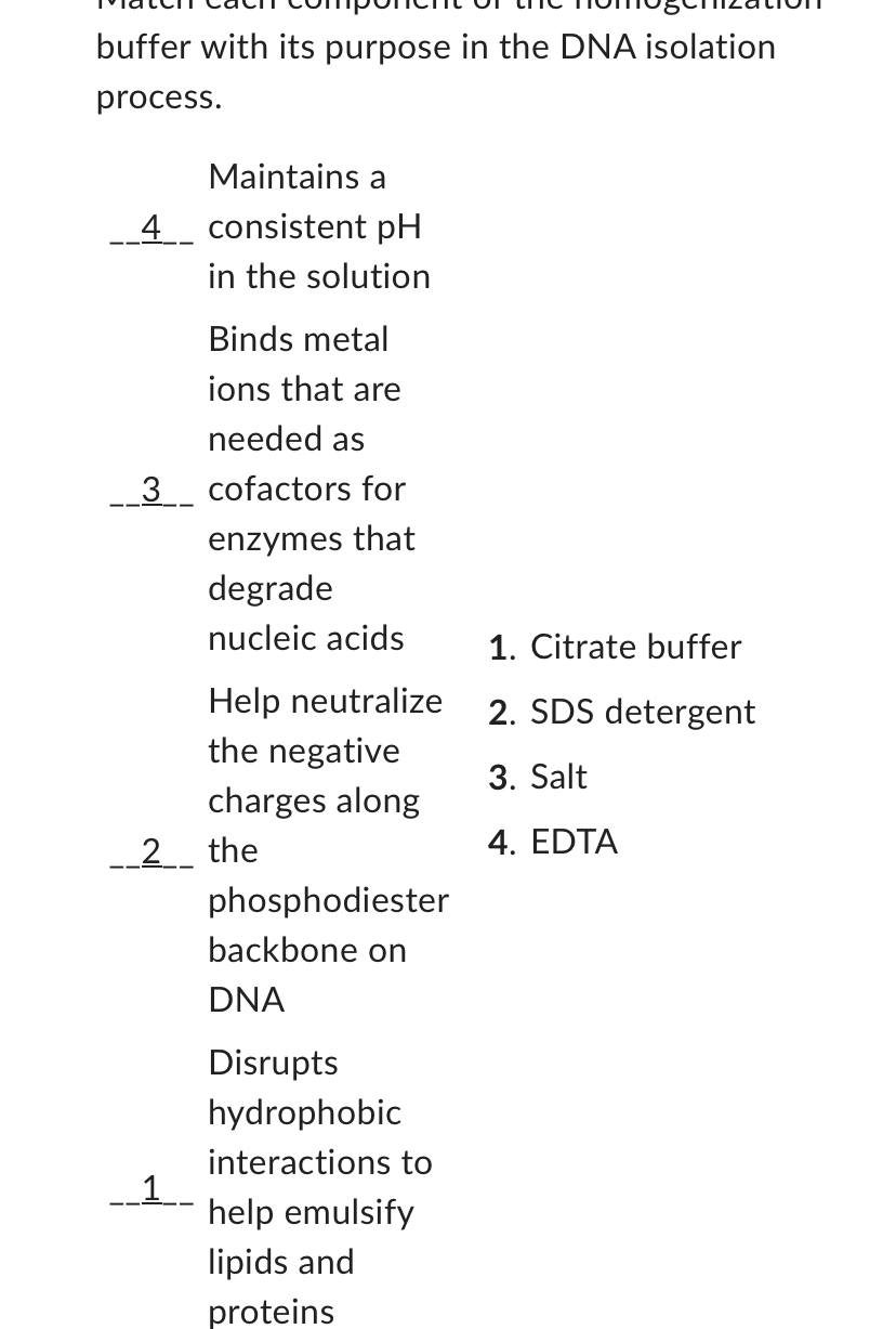 Solved buffer with its purpose in the DNA isolation | Chegg.com