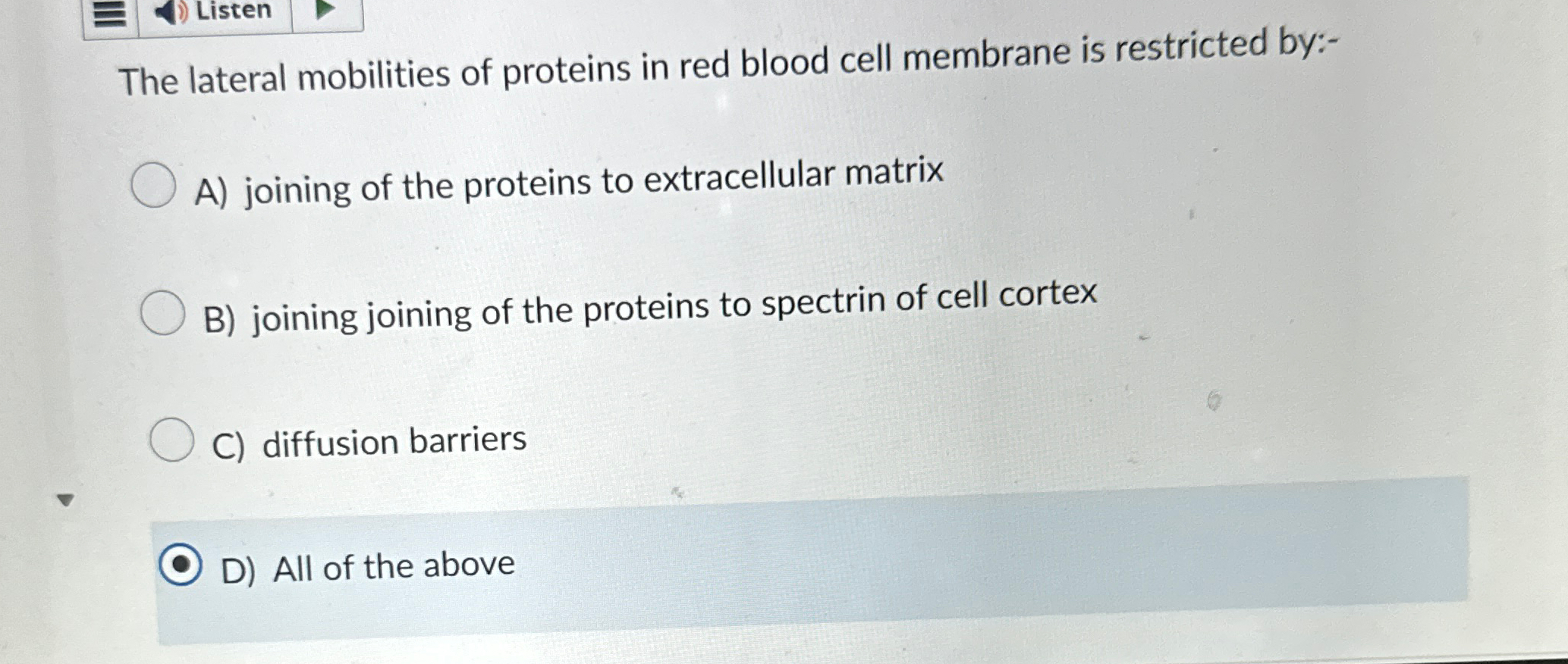 Solved ListenThe lateral mobilities of proteins in red blood | Chegg.com