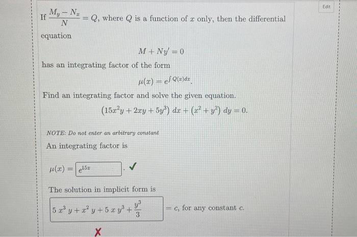 Solved If NMy−Nx=Q, where Q is a function of x only, then | Chegg.com