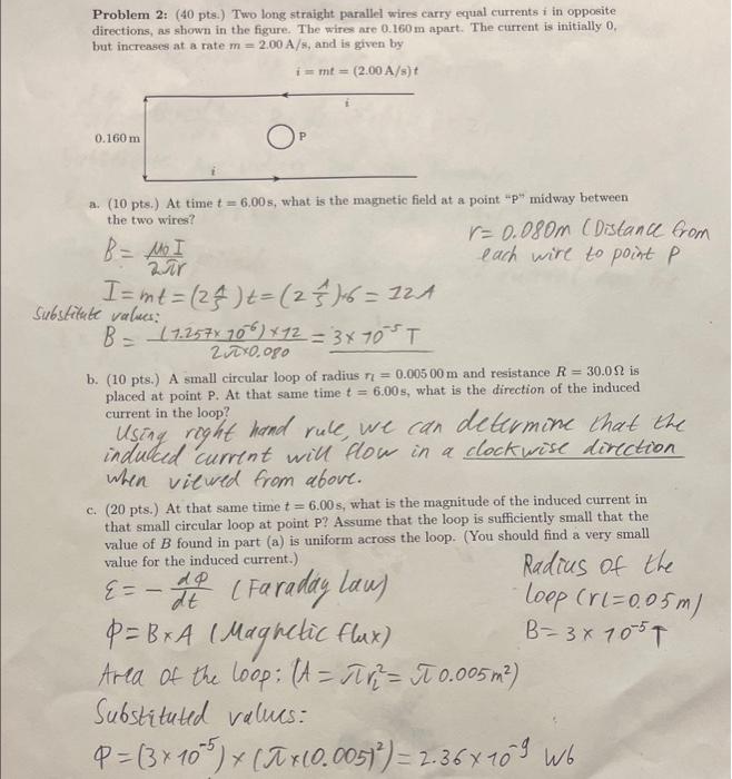 Solved Problem 2: (40 pts.) Two long straight parallel wires | Chegg.com