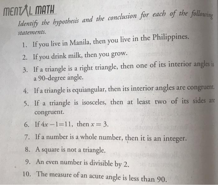 Solved MENTAL MATH Identify the hypothesis and the | Chegg.com