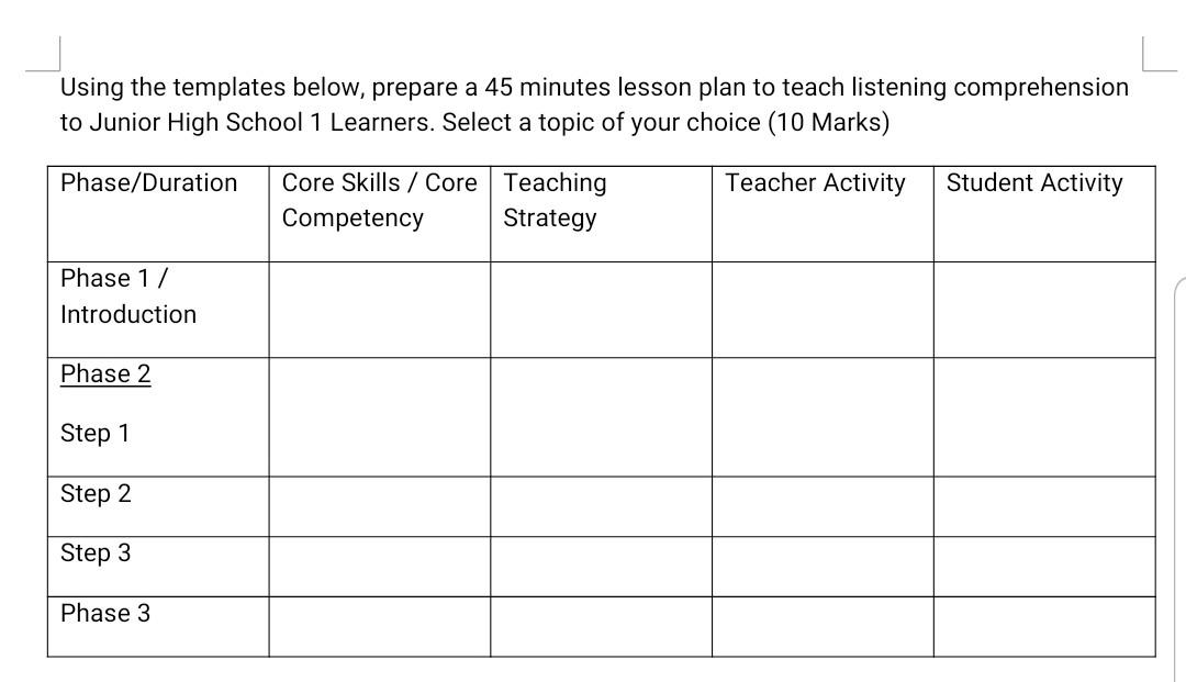 Using the templates below, prepare a 45 minutes | Chegg.com
