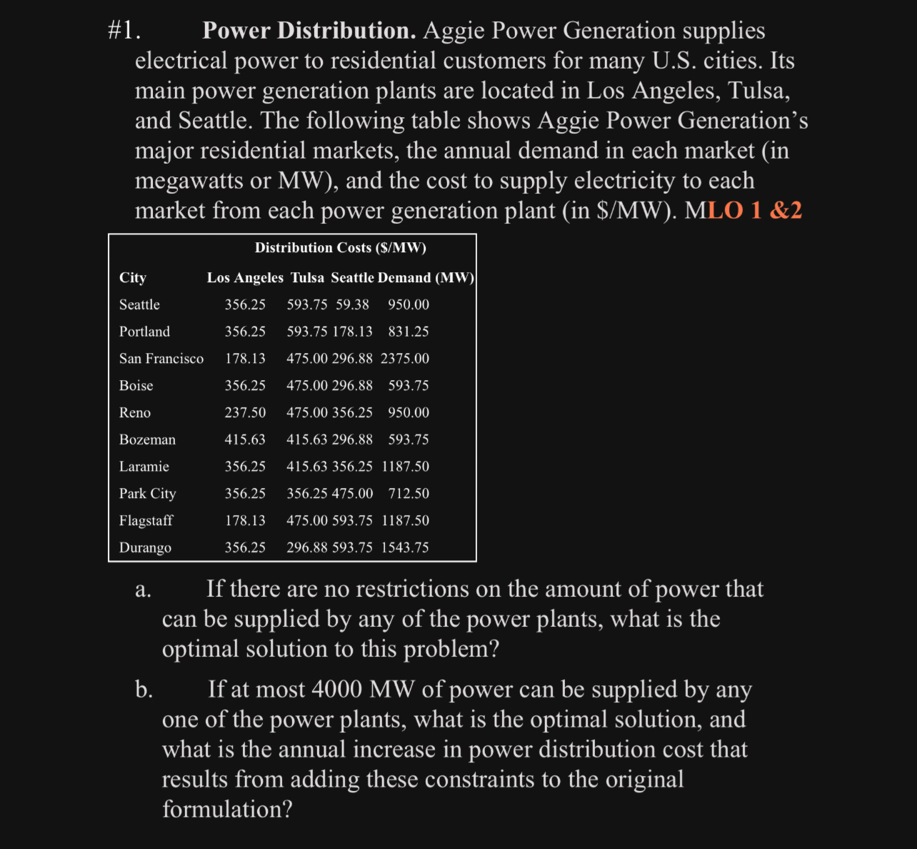 Solved #1. ﻿Power Distribution. Aggie Power Generation | Chegg.com