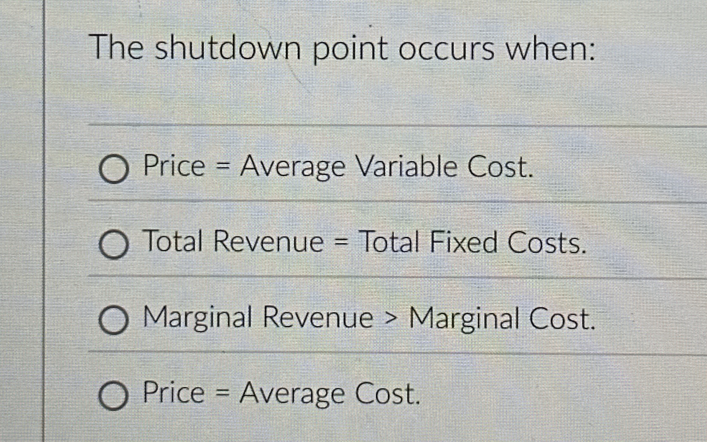 Solved The shutdown point occurs when:q,Price = ﻿Average | Chegg.com