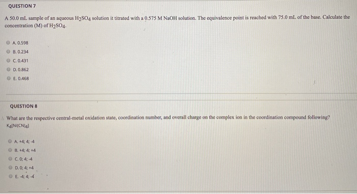 Solved QUESTION 7 A 50.0 mL sample of an aqueous H2SO4 | Chegg.com