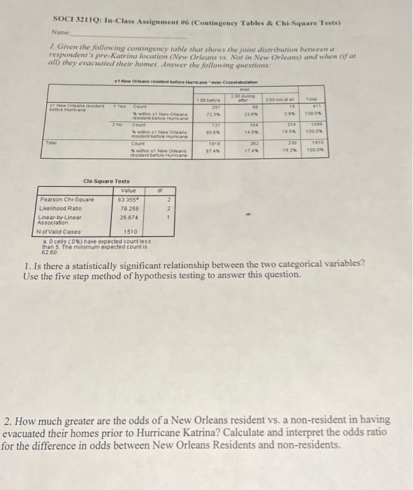 Solved SOCI 3211 Q: In-Class Assignment 46 (Contingency | Chegg.com