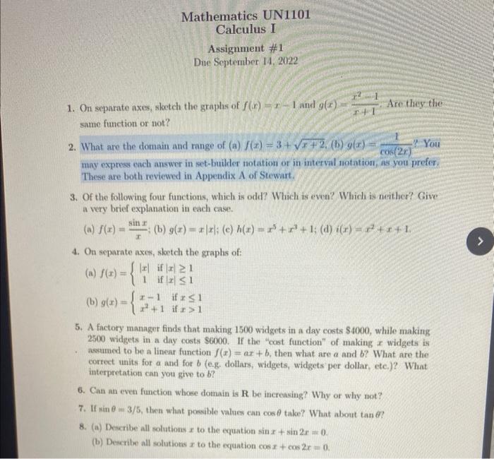 Solved Mathematics UN1101 Calculus I Assignment #1 Due | Chegg.com