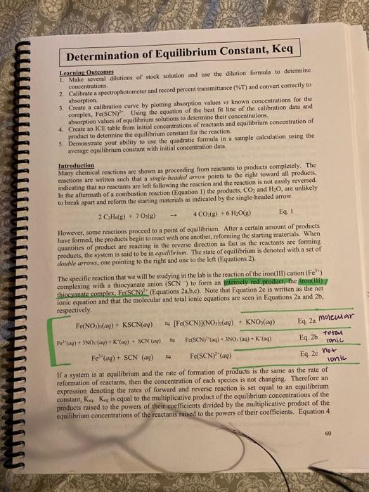 Determination of Equilibrium Constant, Keq Learning | Chegg.com