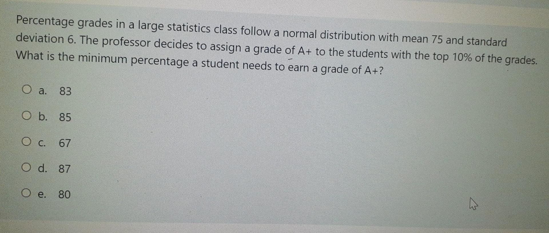 Solved Percentage grades in a large statistics class follow | Chegg.com