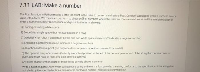 Solved 7.11 LAB: Make a number The float function in Python | Chegg.com
