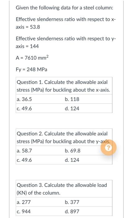 Solved Given the following data for a steel column: | Chegg.com