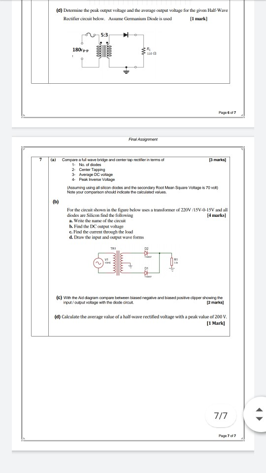Solved (d) Determine the peak output voltage and the average | Chegg.com